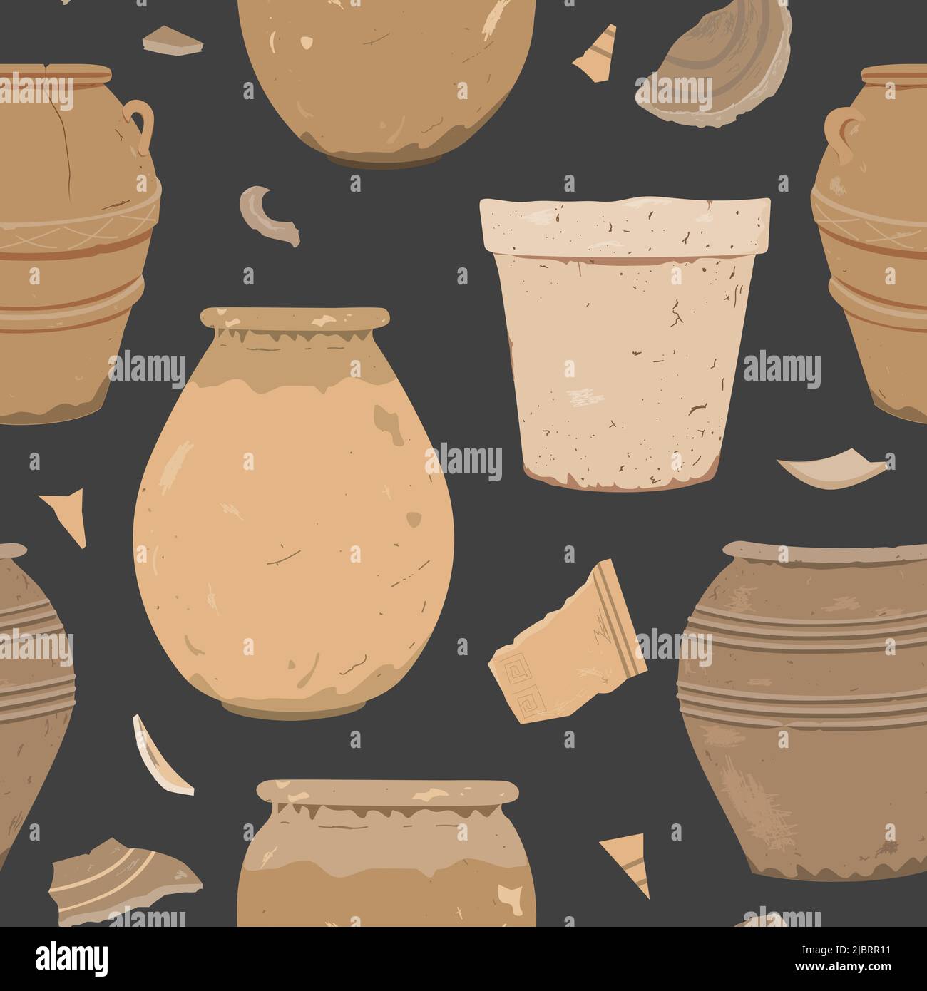 Seamless pattern of hand drawn vases, pots and potsherds. Clay pottery ...