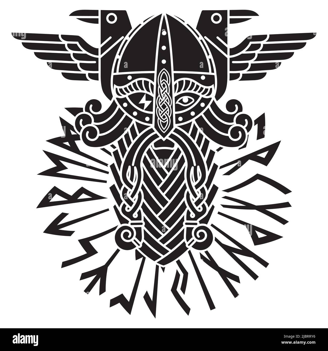 God Wotan, two ravens and norse runes. Illustration of Norse mythology ...