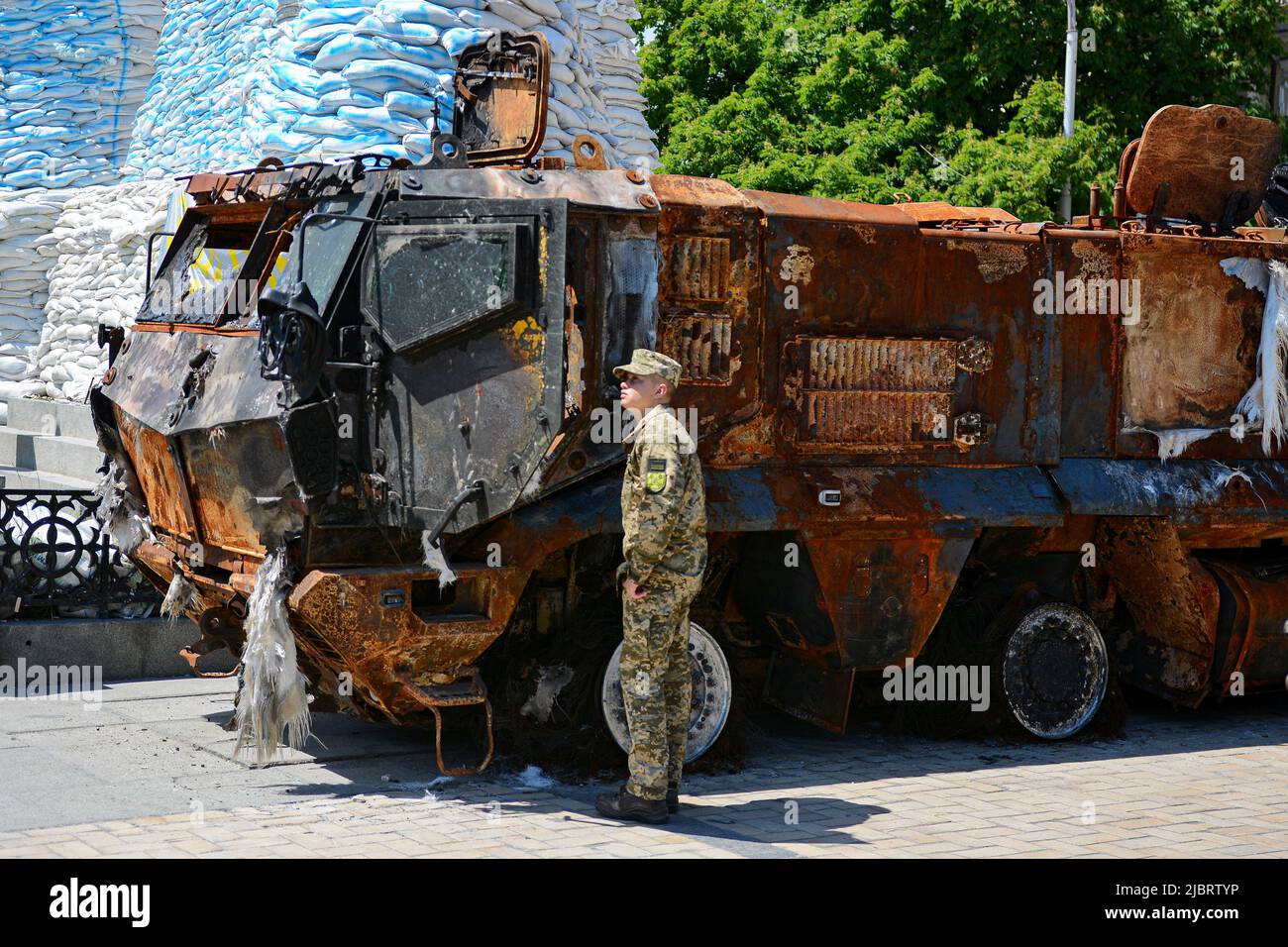Kyiv, Ukraine. 07th June, 2022. Ukrainian serviceman examines destroyed ...