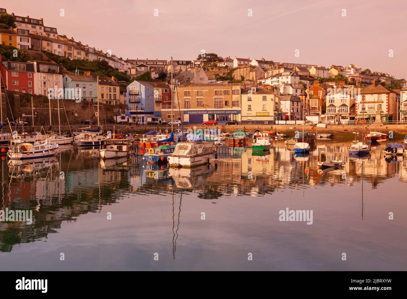 UK, England, Devon, Torbay, Brixham Harbour at Dawn with King Street ...