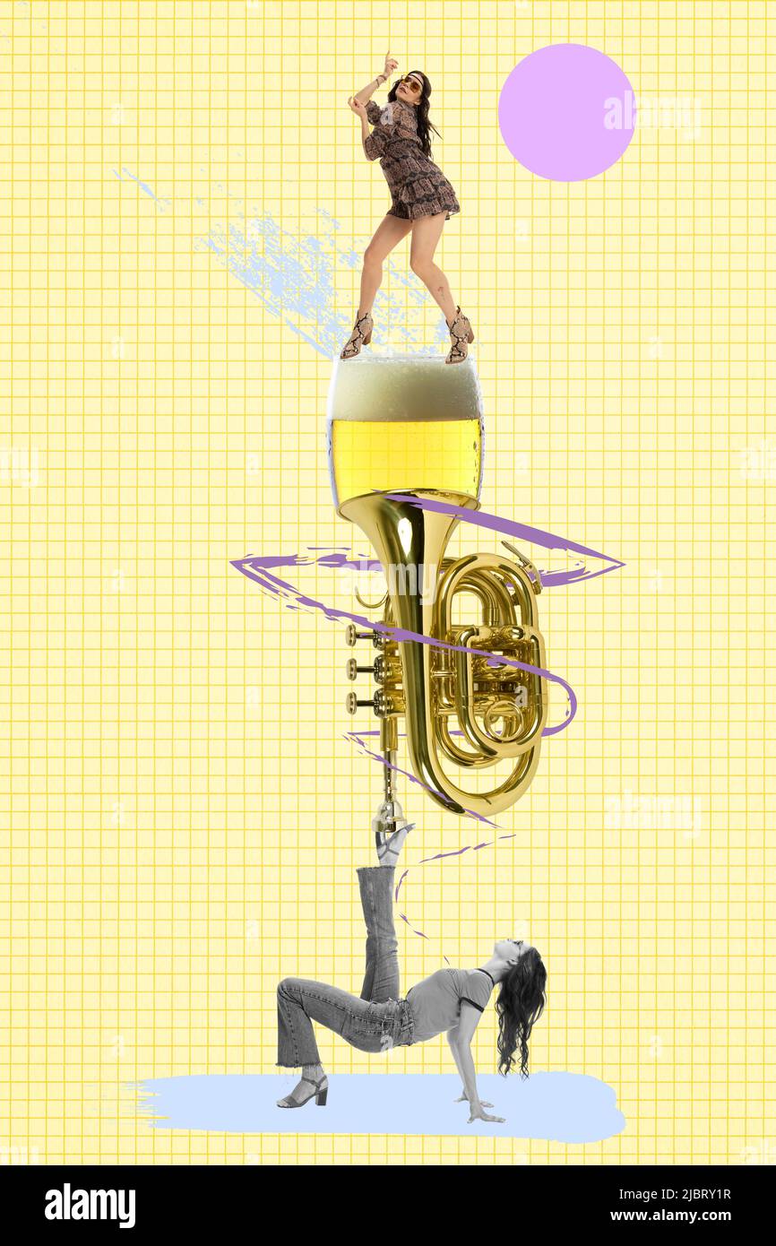 Contemporary art collage. Creative design. Two young stylish woman ...