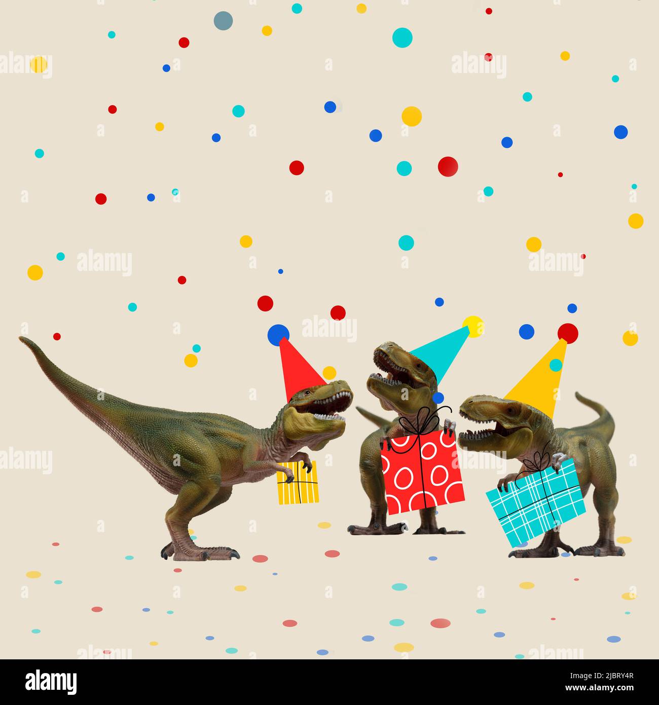 Contemporary art collage. Creative colorful design with three dinosaurs ...