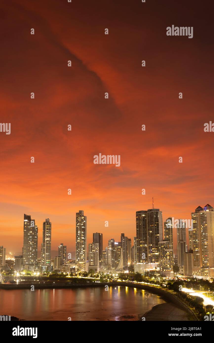 Panama, Panama City, sunset over the modern city from Punta Paitilla ...