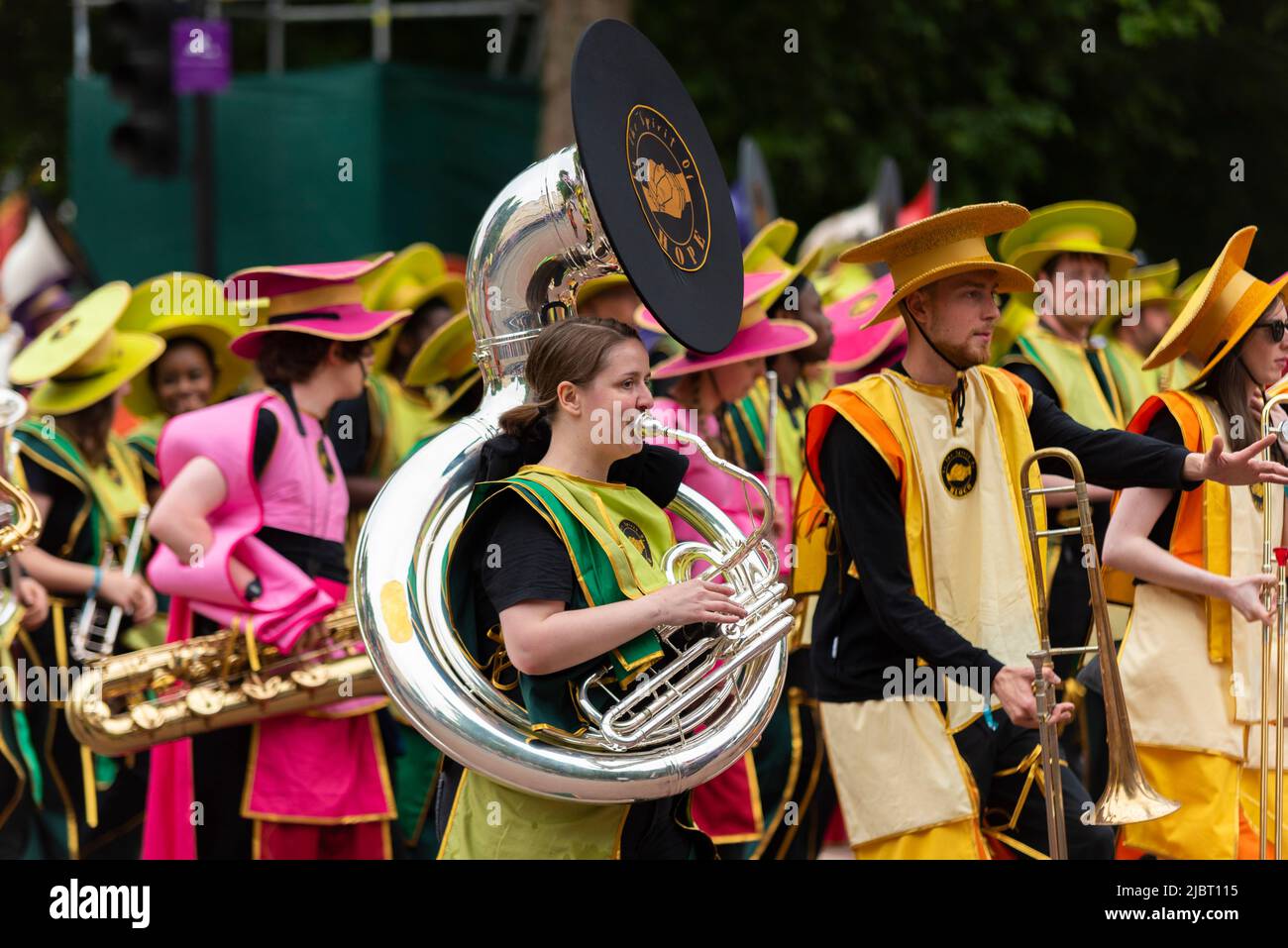 Marching band playing at the Queen's Platinum Jubilee Pageant parade in ...