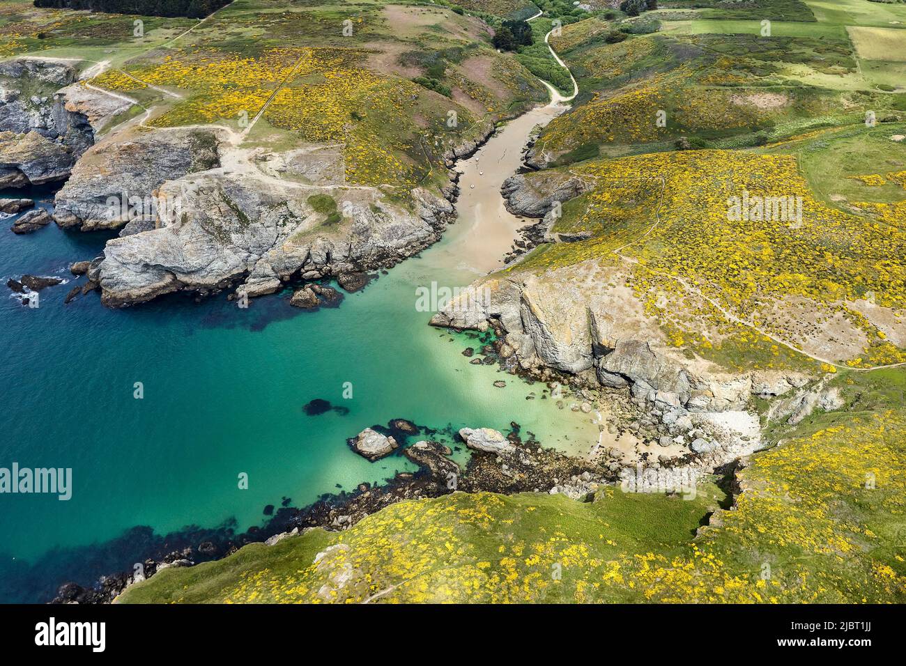 France, Morbihan, Belle Ile en mer, Locmaria, Pouldon beach (aerial ...