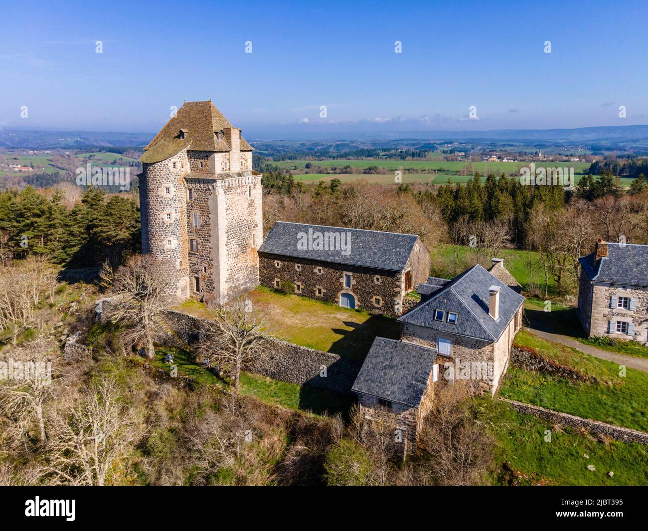 France, Cantal, Val d'Arcomie, Pompignac castle (aerial view Stock ...
