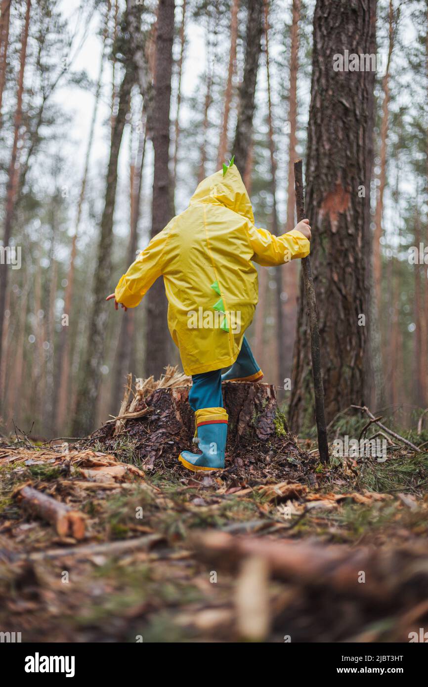 Child in yellow raincoat walking in the forest and fun, back view Stock ...