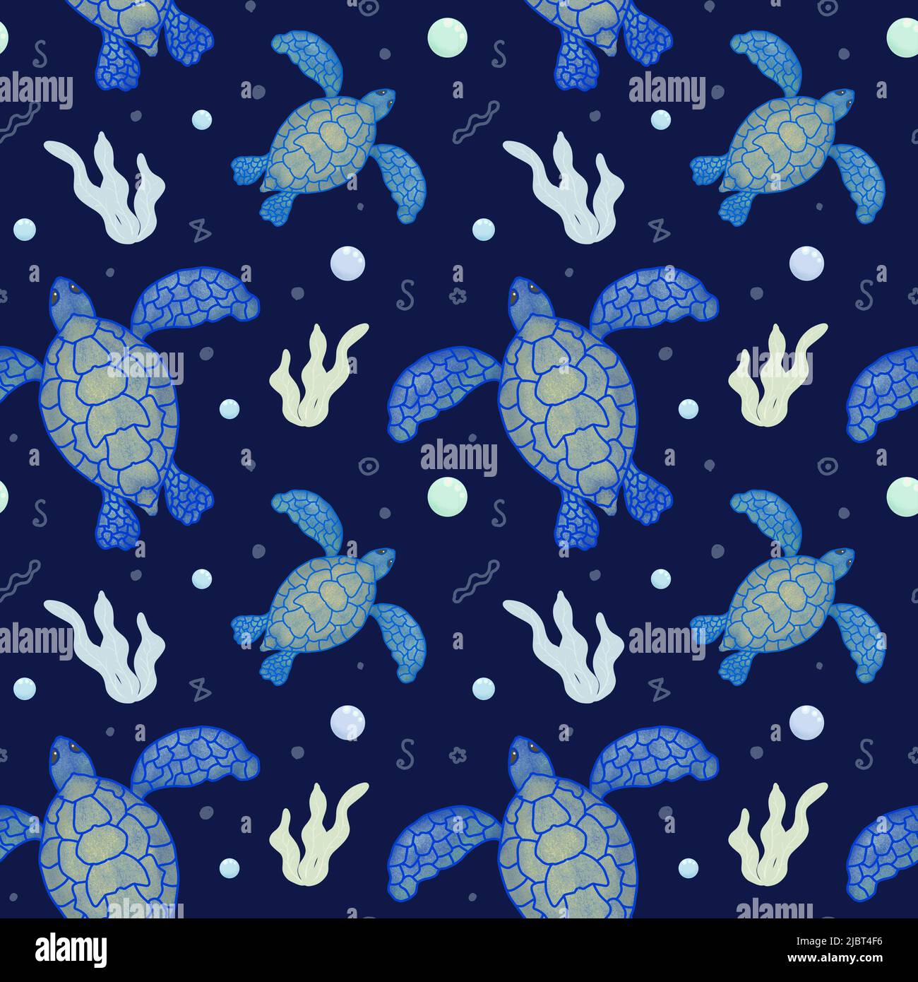 Sea turtle. Seamless pattern with sea turtle, bubbles and algae on a ...