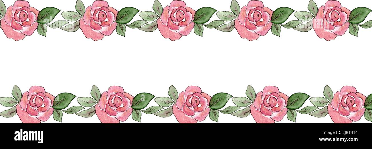 Watercolor border of roses. Horizontal border of flowers. Doodle roses ...