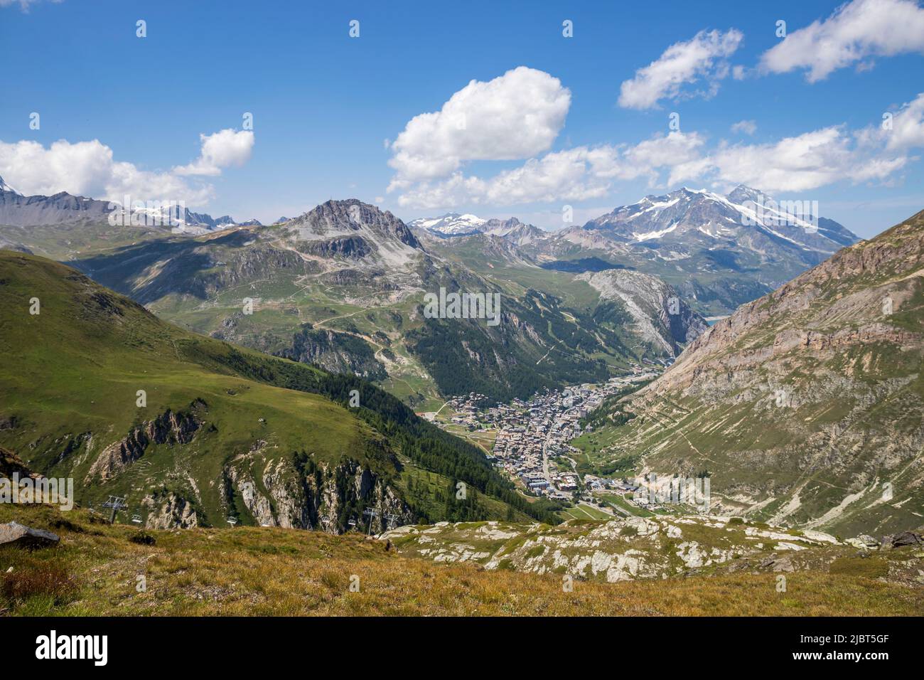 France, Savoie, Vanoise national park, view of Val-d'Isère, and Mont ...