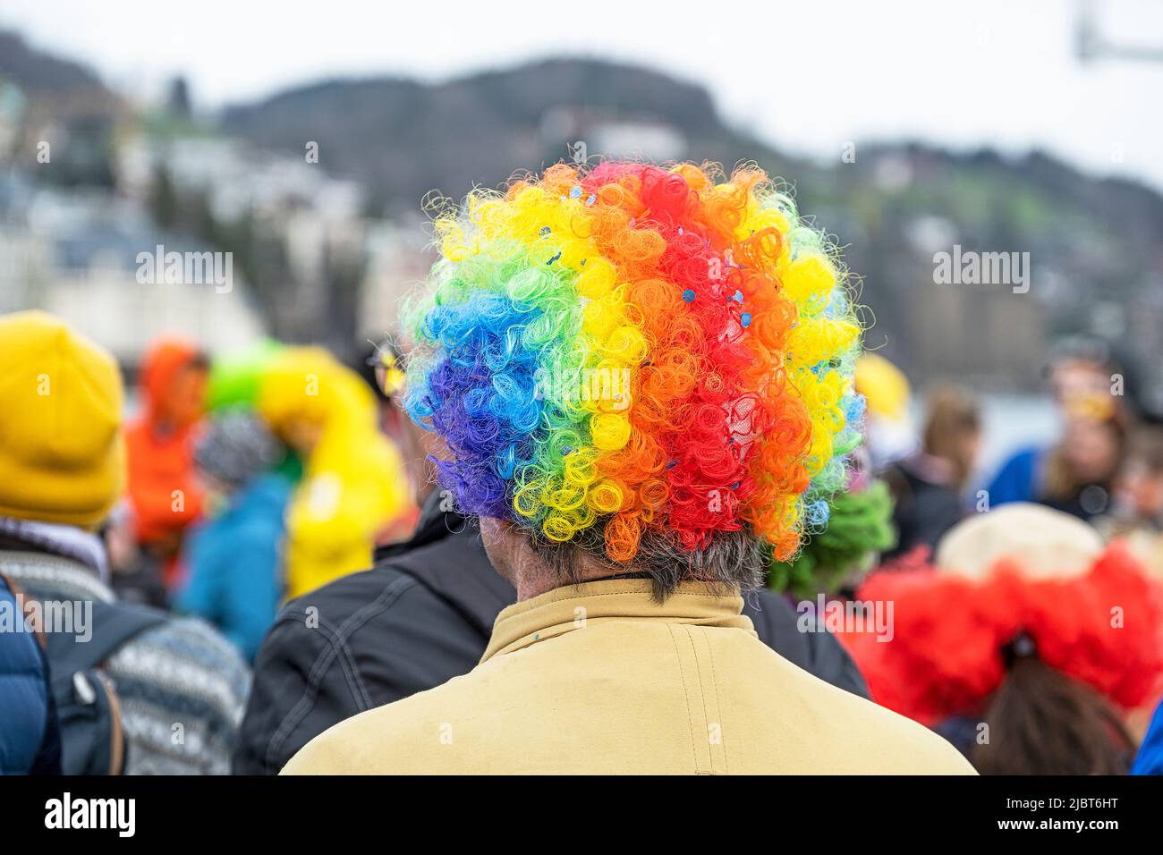 Spectator at the carnival parade in the city of Lucerne, Switzerland ...