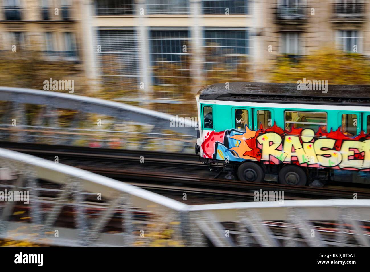 France, Paris (75), boulevard de Grenelle, aerial metro line serving ...