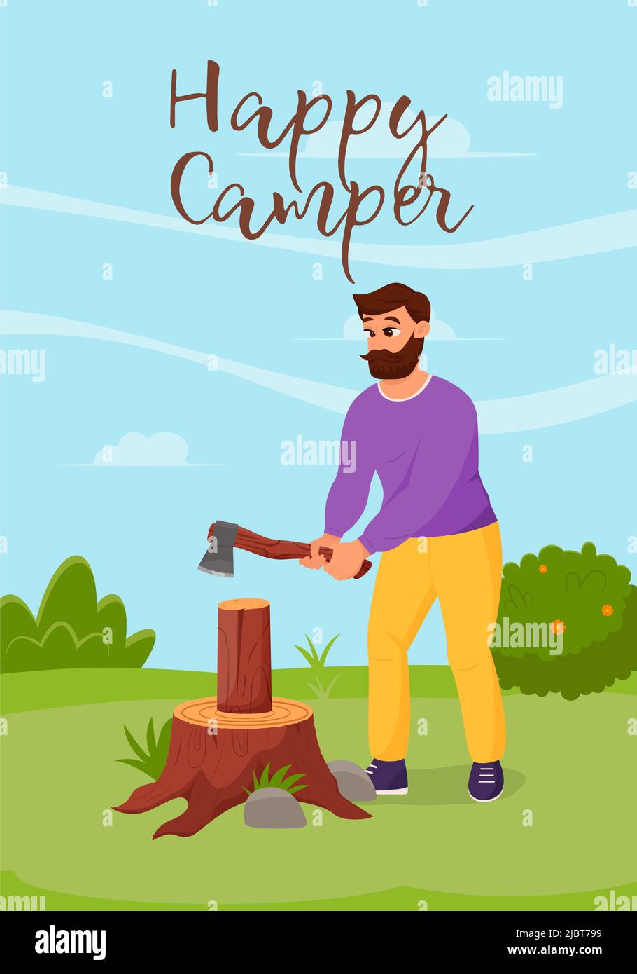 Cute lumberjack holding axe. Summertime camping, hiking, camper ...