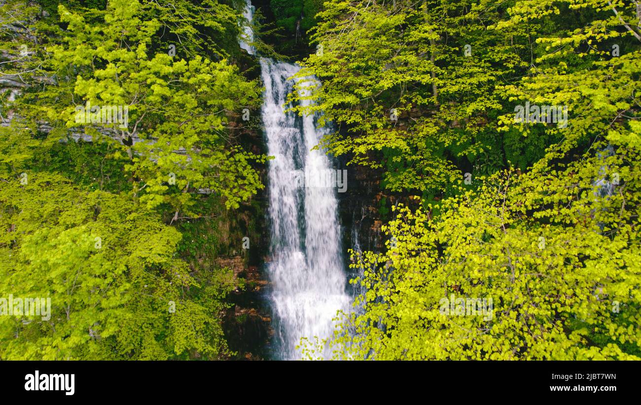 Birds eye view of a huge beautiful waterfall on the foresty cliff. High ...