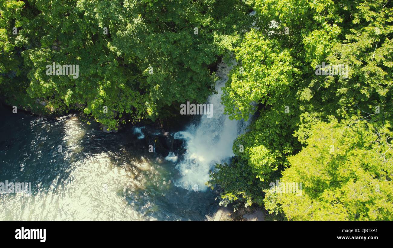 birds-eye view of green forest and small cute waterfall in its depth ...