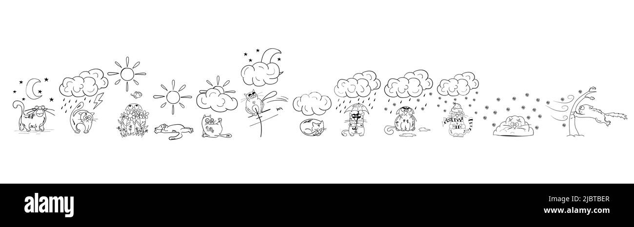 Cat weather. Funny cat drawn by hand at different times of the year ...