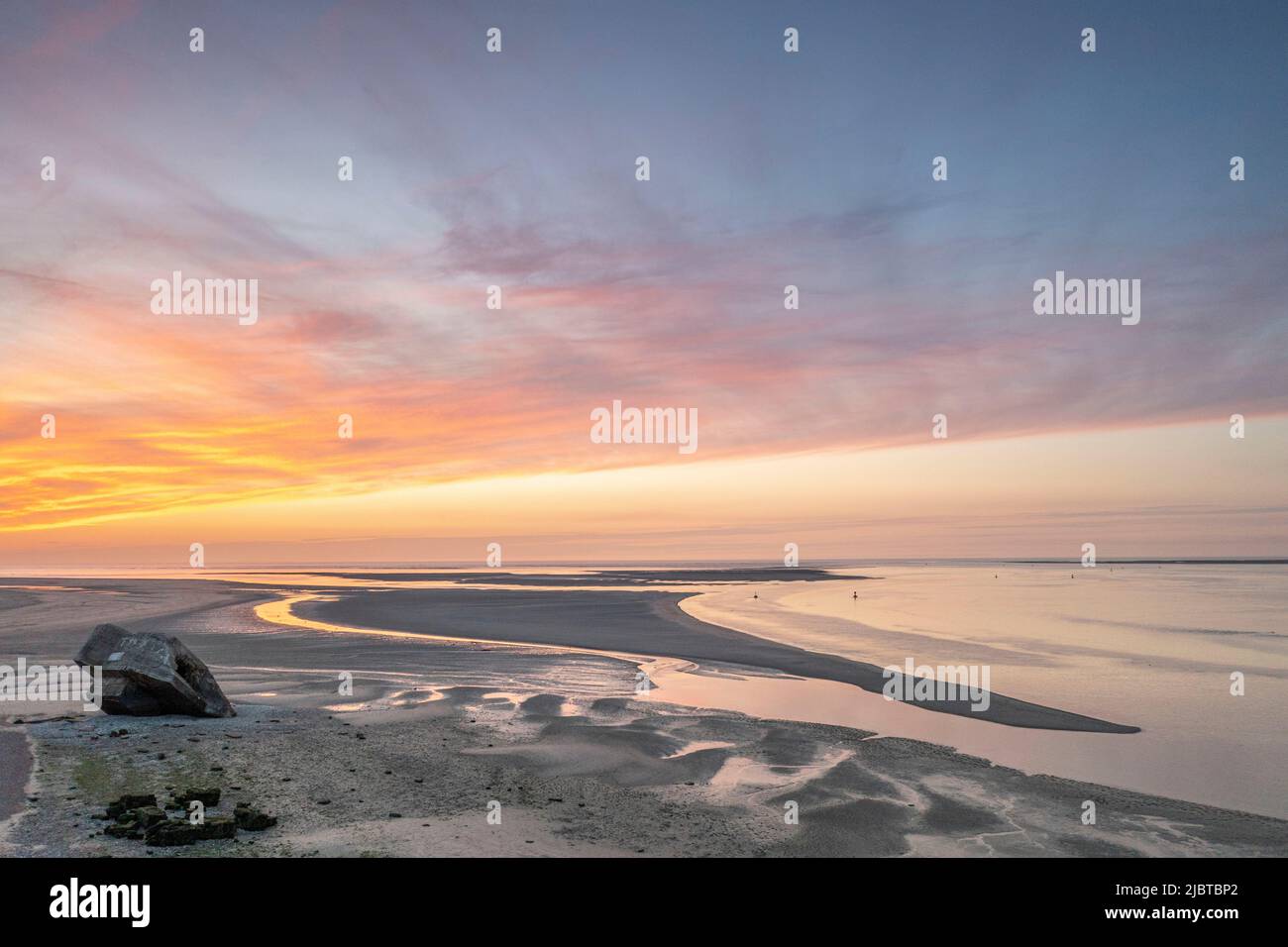 France, Somme, Le Hourdel, view of the blockhouse at sunset (aerial ...