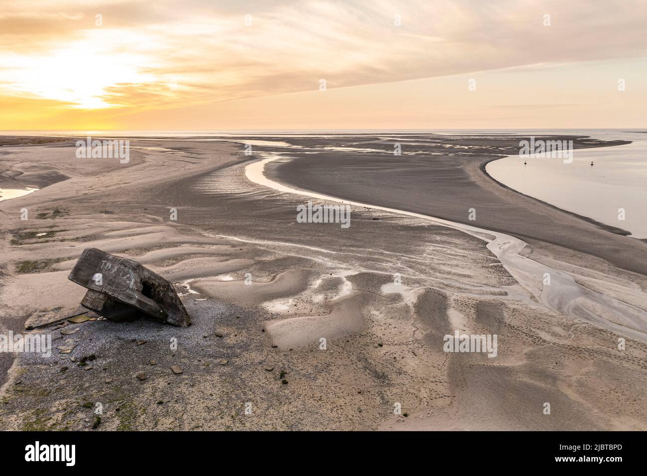 France, Somme, Le Hourdel, view of the blockhouse at sunset (aerial ...