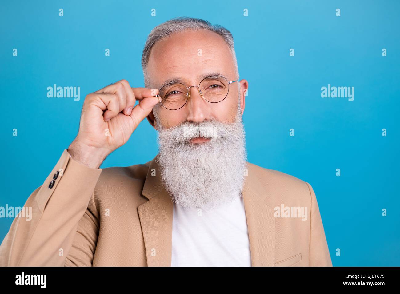 Portrait of handsome content classy grey-haired man expert touching ...