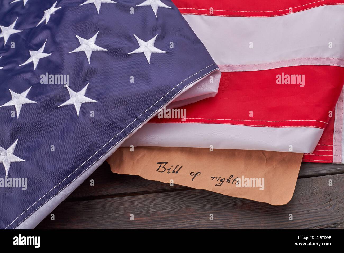 The text bill of rights written on an old piece of paper. Large fabric ...