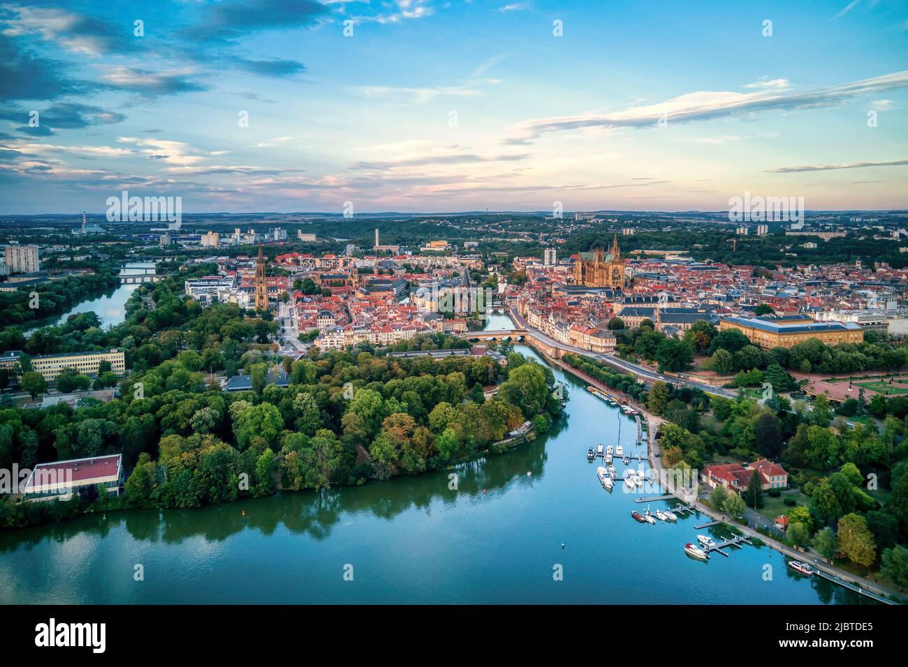 France, Moselle, Metz, the lake, and the city in the background (aerial ...