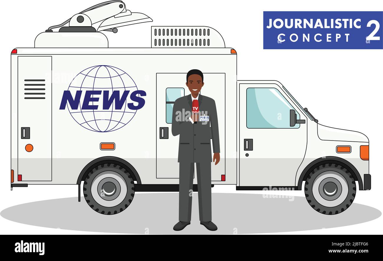 Detailed illustration of reporter and TV or news car in flat style on ...