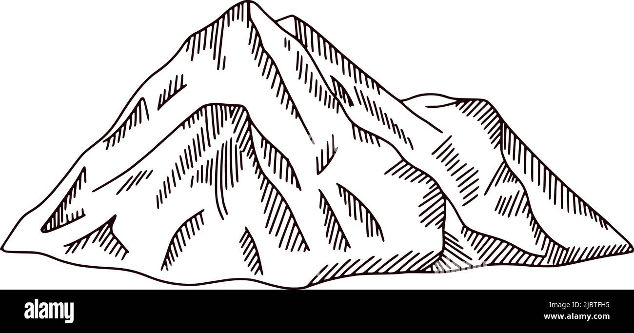 Mountain peak engraving isolated. Vintage sketch rock landscape. Hand ...