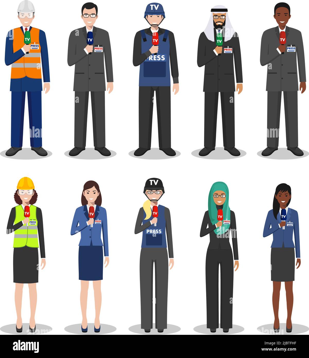 Detailed illustration of reporters and journalists in flat style on ...