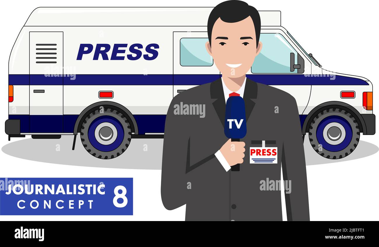 Detailed illustration of journalist and TV or news car in flat style on ...