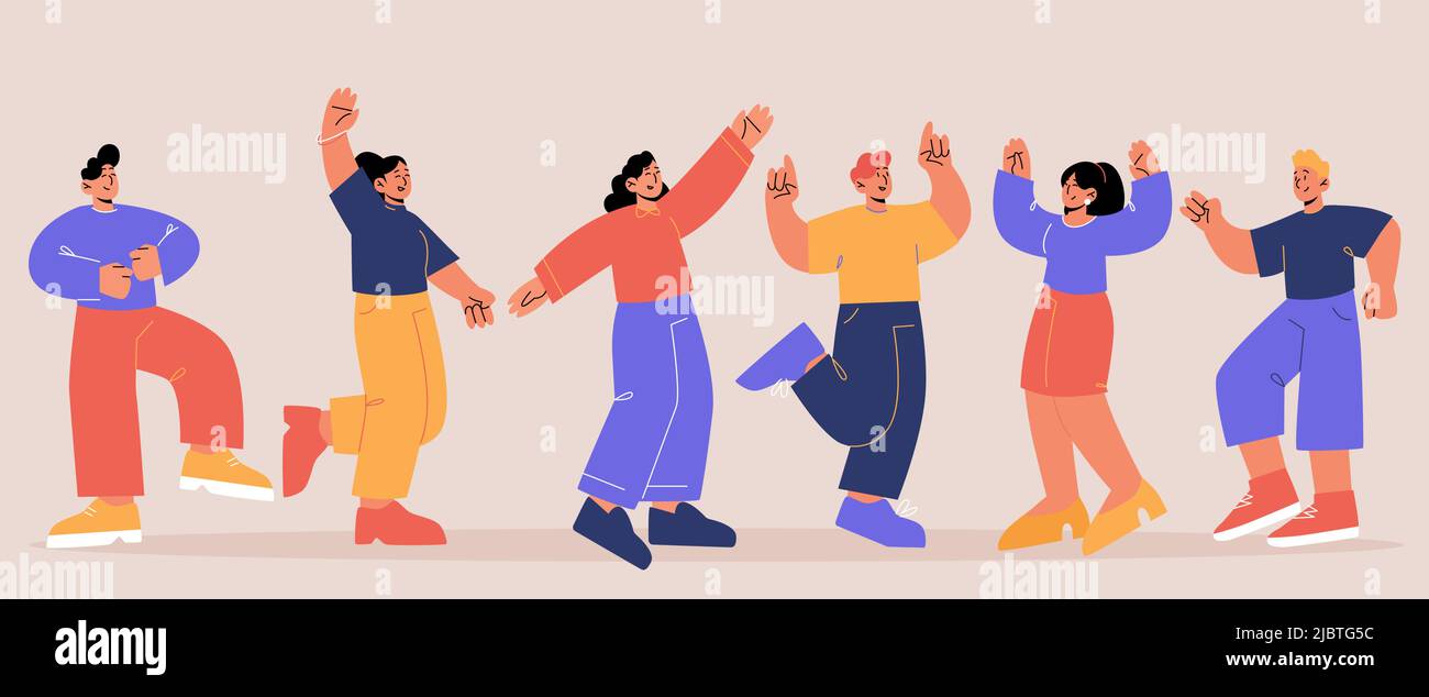 Happy people have fun and dance in different poses. Vector flat ...
