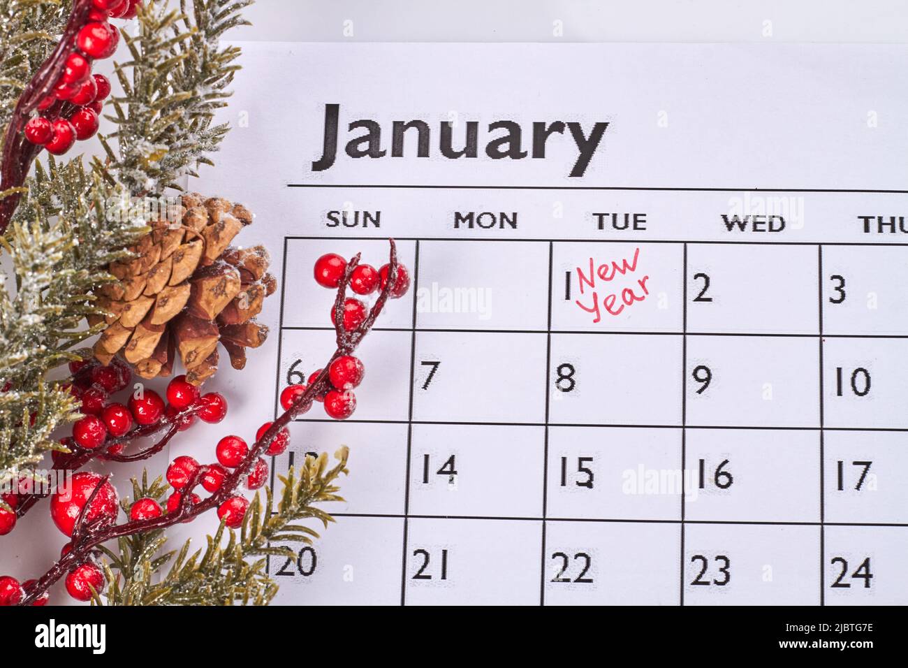 January calendar with christmas tree with cone and red berries. Marked ...
