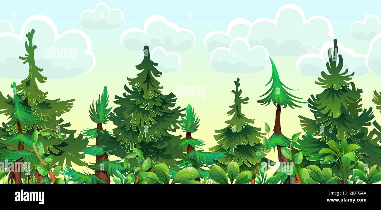 Pine forest. Morning view. Seamless horizontal illustration. Coniferous ...