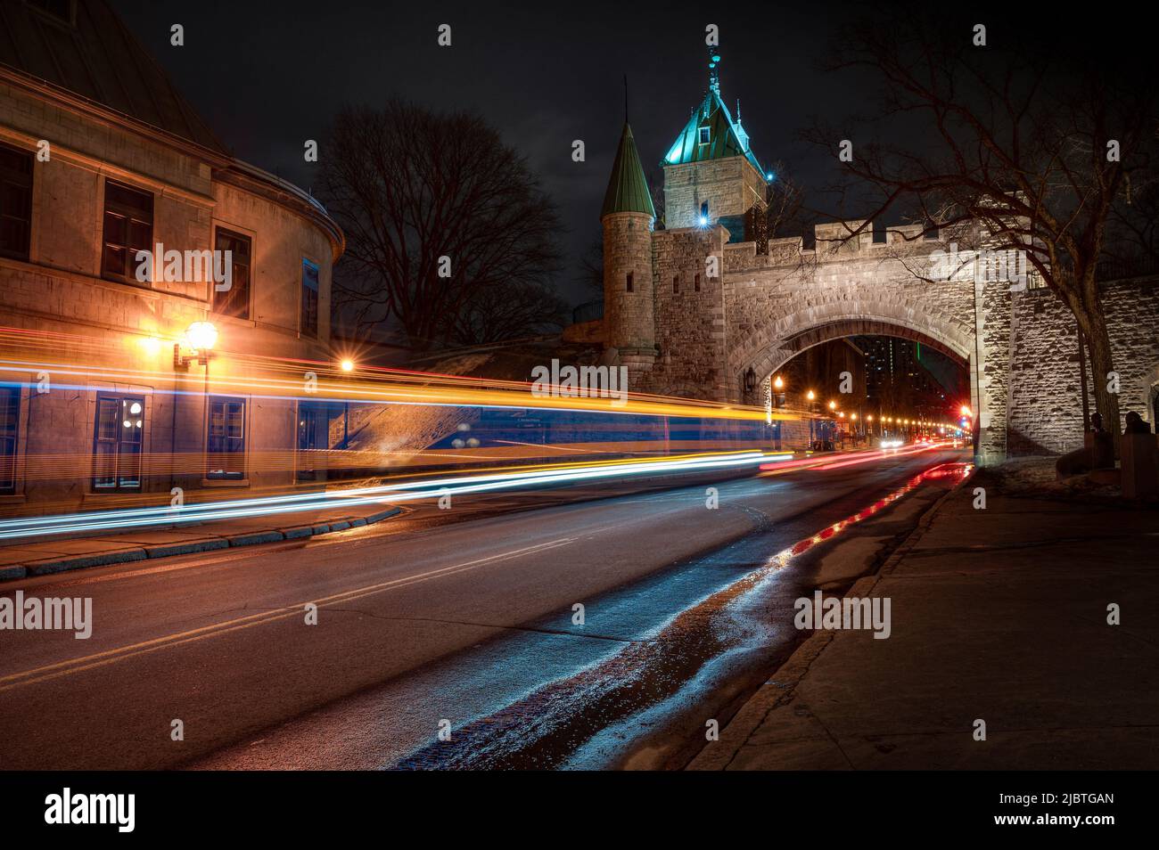 St-Louis gate, arch in fortifications of Quebec city at night, while ...