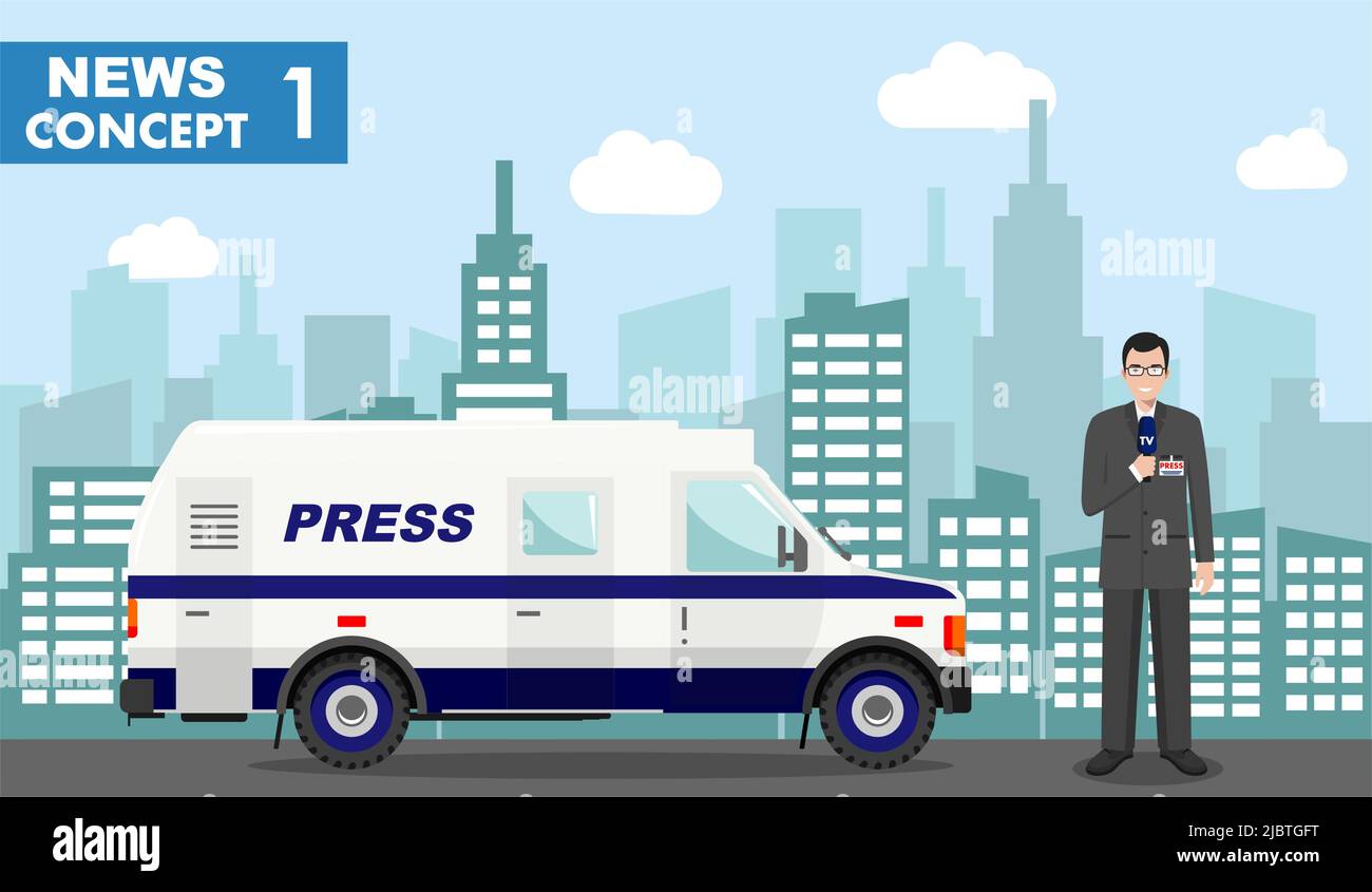 News concept. Detailed illustration of journalist and TV or news car in ...