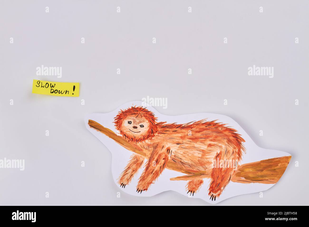 Sloth illustration and slow down note and copy space. Isolated on white ...
