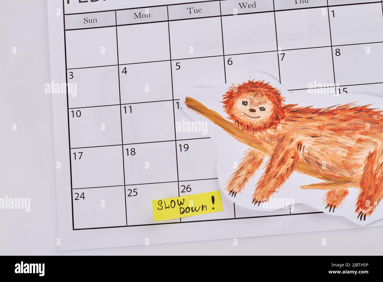 Sloth day concept. Calendar and slow down note paper. Isolated on white ...