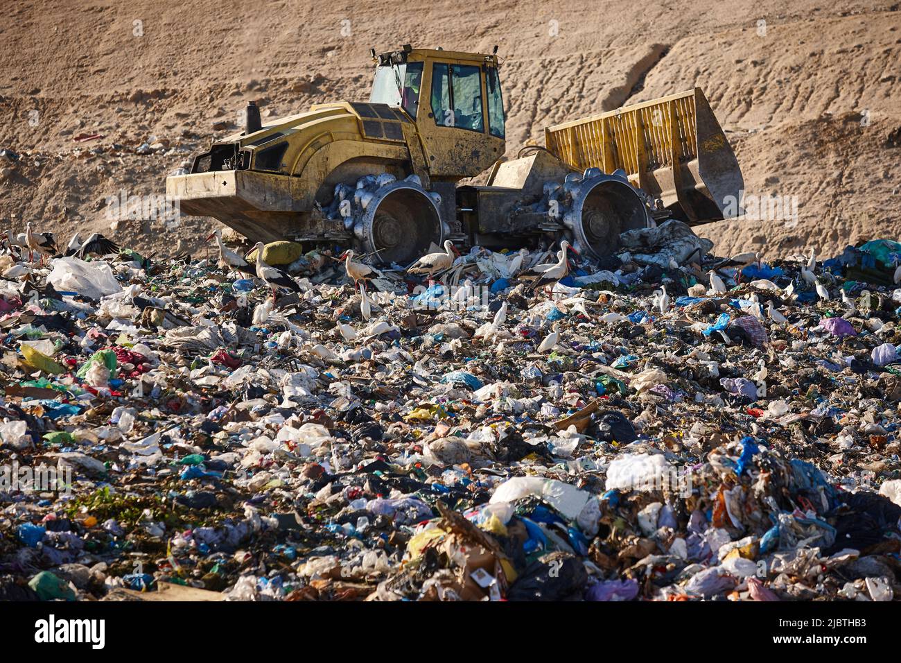 Heavy machinery shredding garbage in an open air landfill. Waste Stock ...