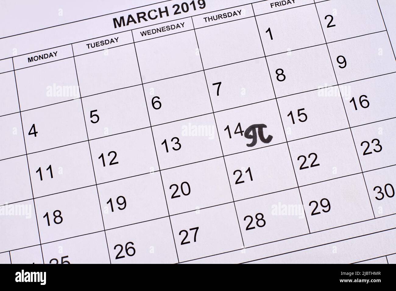 March calendar with pi number mark on the 14th day. Number pi day Stock ...