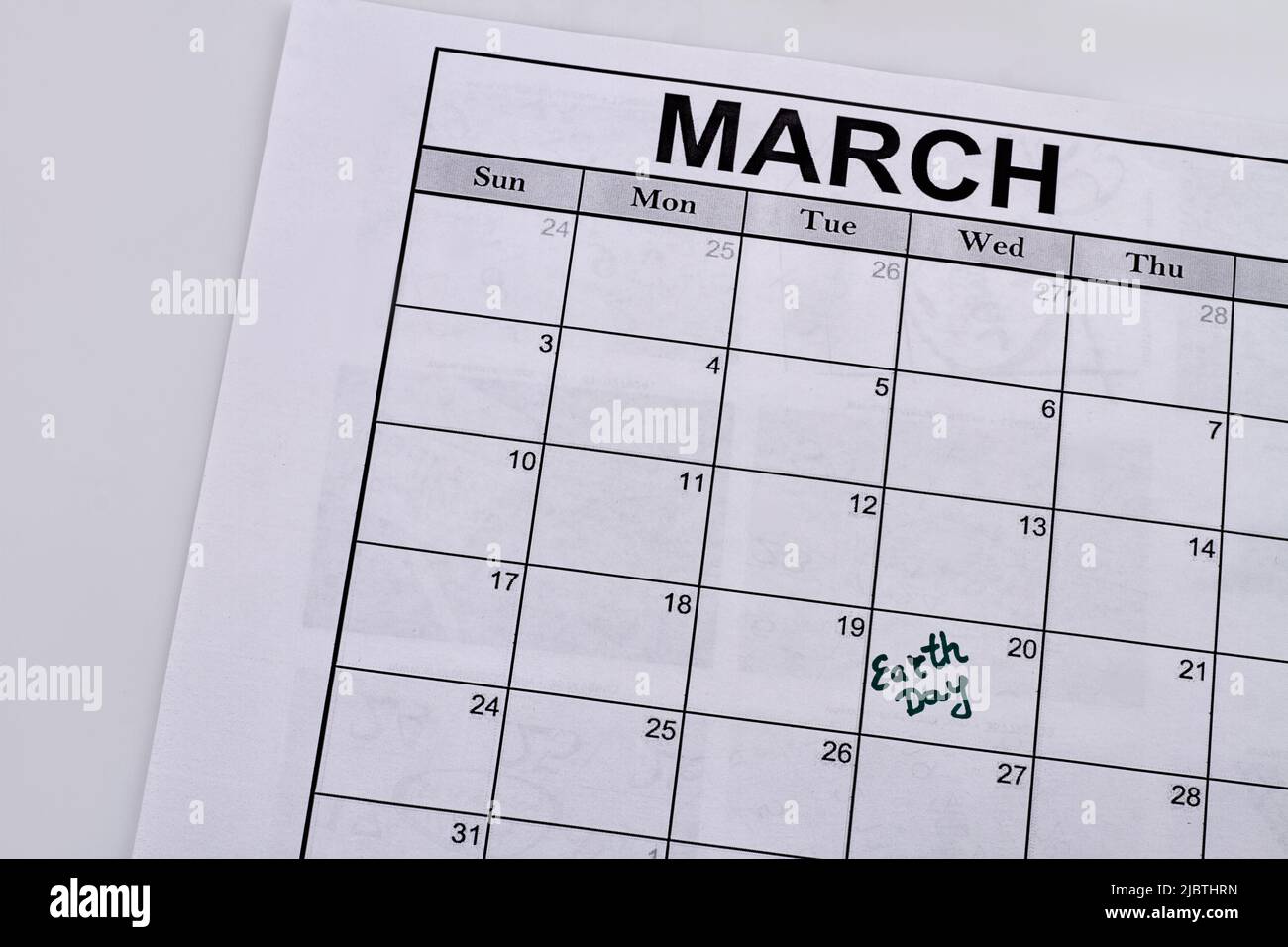 Earth day marked on the white calendar with words. International world ...