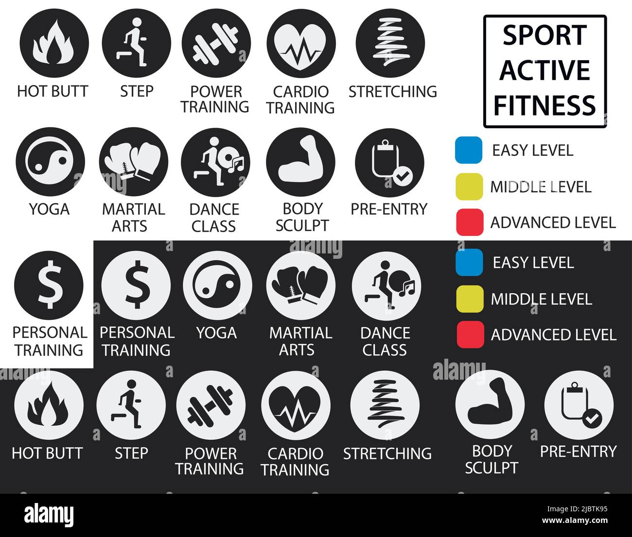 Fitness icons with training and difficulty levels for scheduling in ...