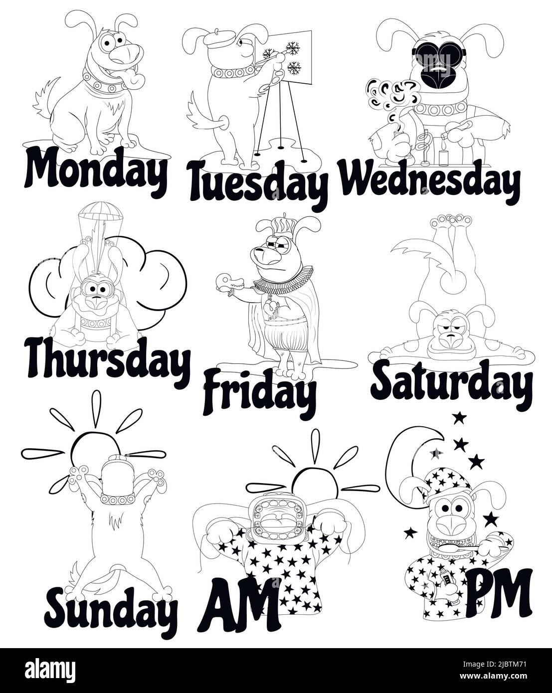 Dog days of the week. Funny dog drawn by hand at different times of the ...