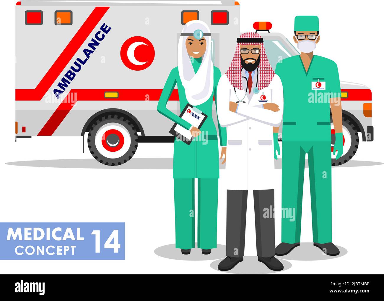 Detailed illustration muslim car ambulance and paramedic man, emergency ...