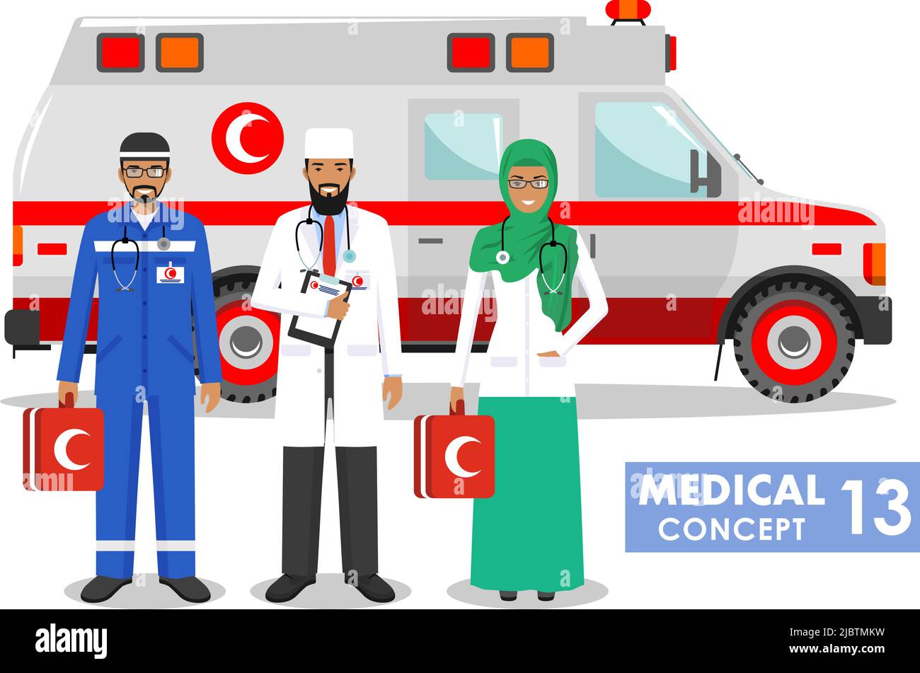 Detailed illustration muslim car ambulance and paramedic man, emergency ...