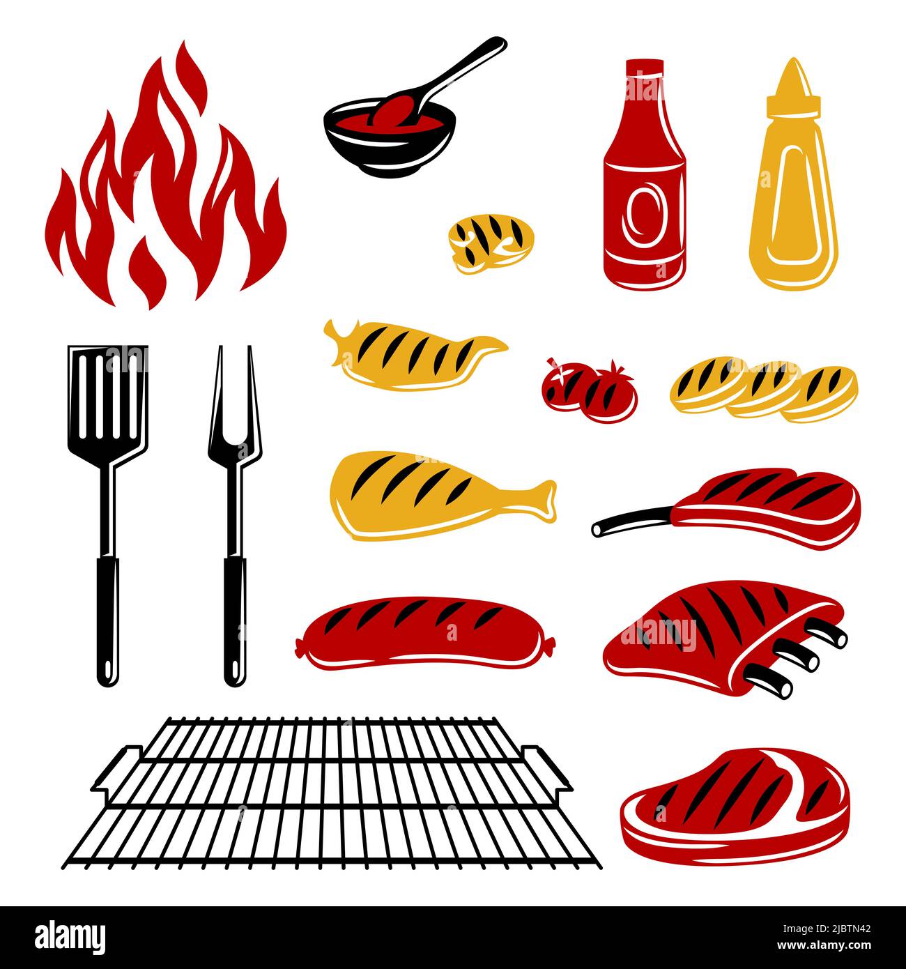 Bbq set of grill objects and icons. Stylized kitchen and restaurant ...