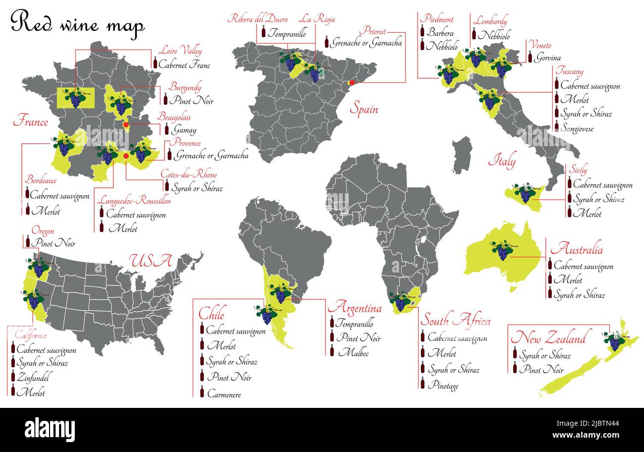 Red wine maps. Wine production maps showing grape varieties. Regions of ...