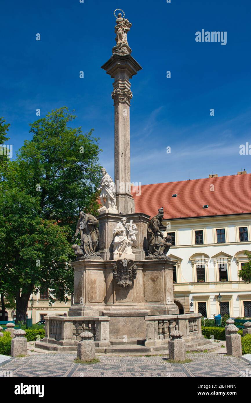 Sandstone Marian Plague Column in Hradčany. Prague town in summer ...
