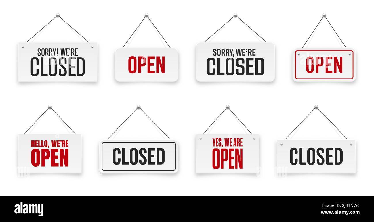 Realistic open or closed hanging signboards. Vintage door sign for cafe ...
