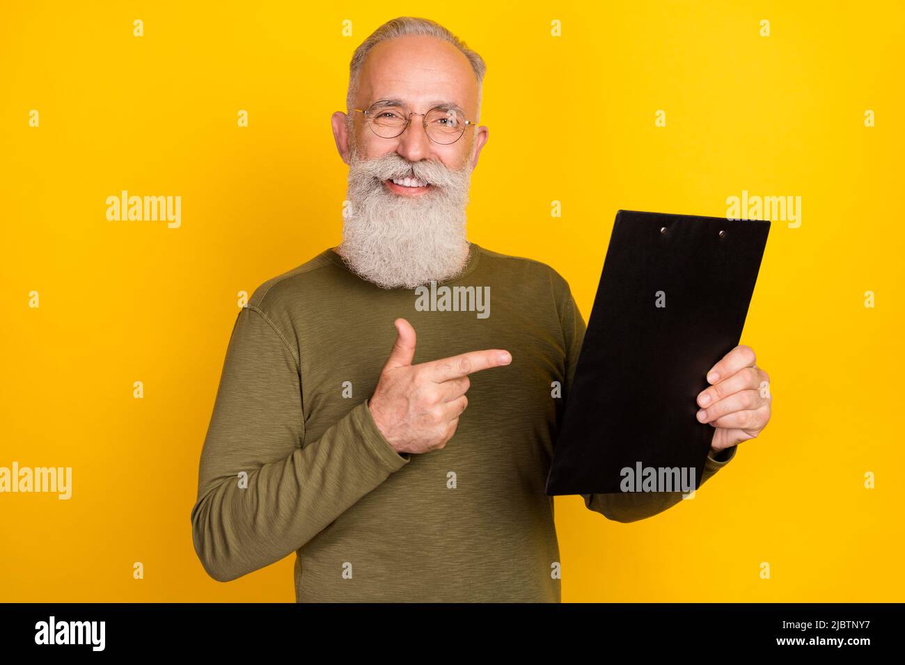 Photo of insurance agent old man direct finger clipboard wear specs ...