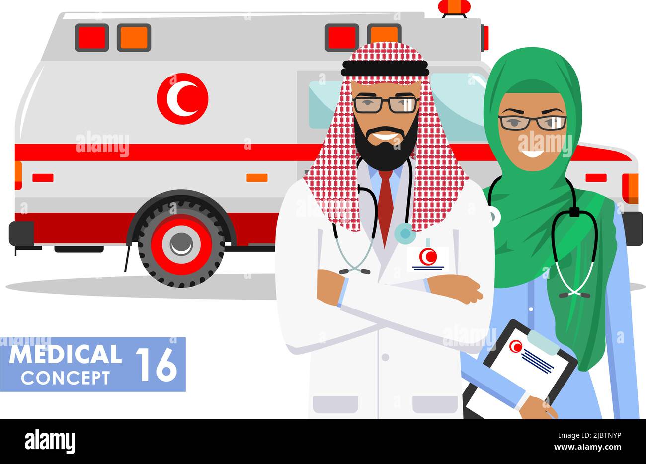 Detailed illustration muslim car ambulance and arabian paramedic man ...