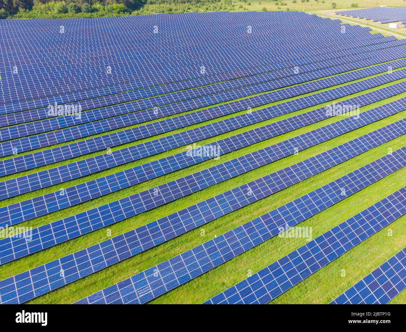 Solar cell energy farm. High angle view of solar panels on an energy ...